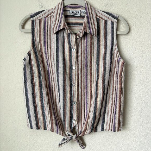 Chico's | Tops | Chicos Linen Boho Colorful Striped Button Down Tie ...